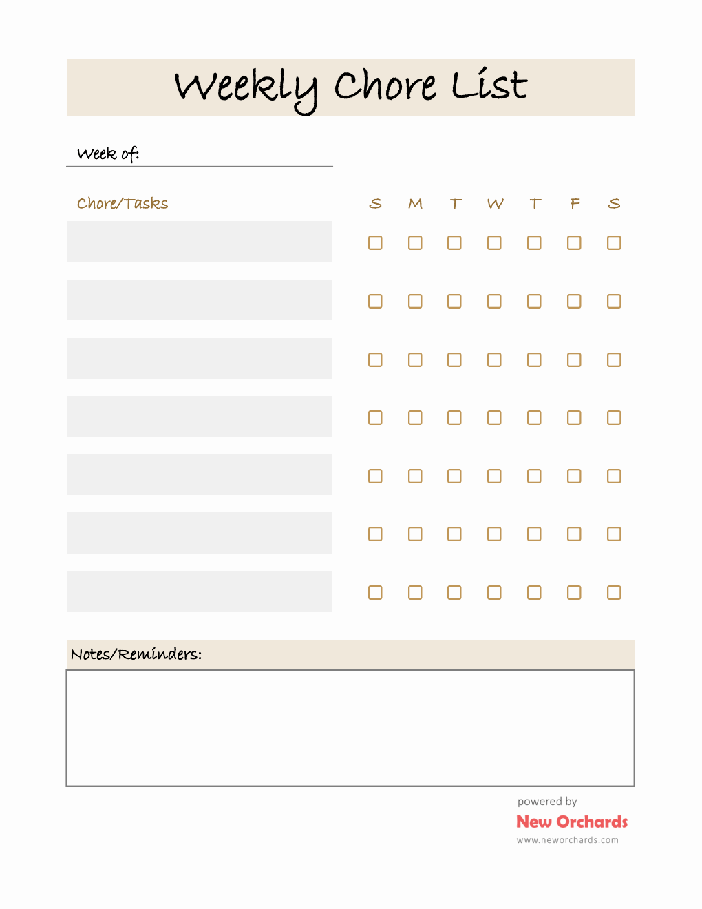 Chore Board Template (Excel)