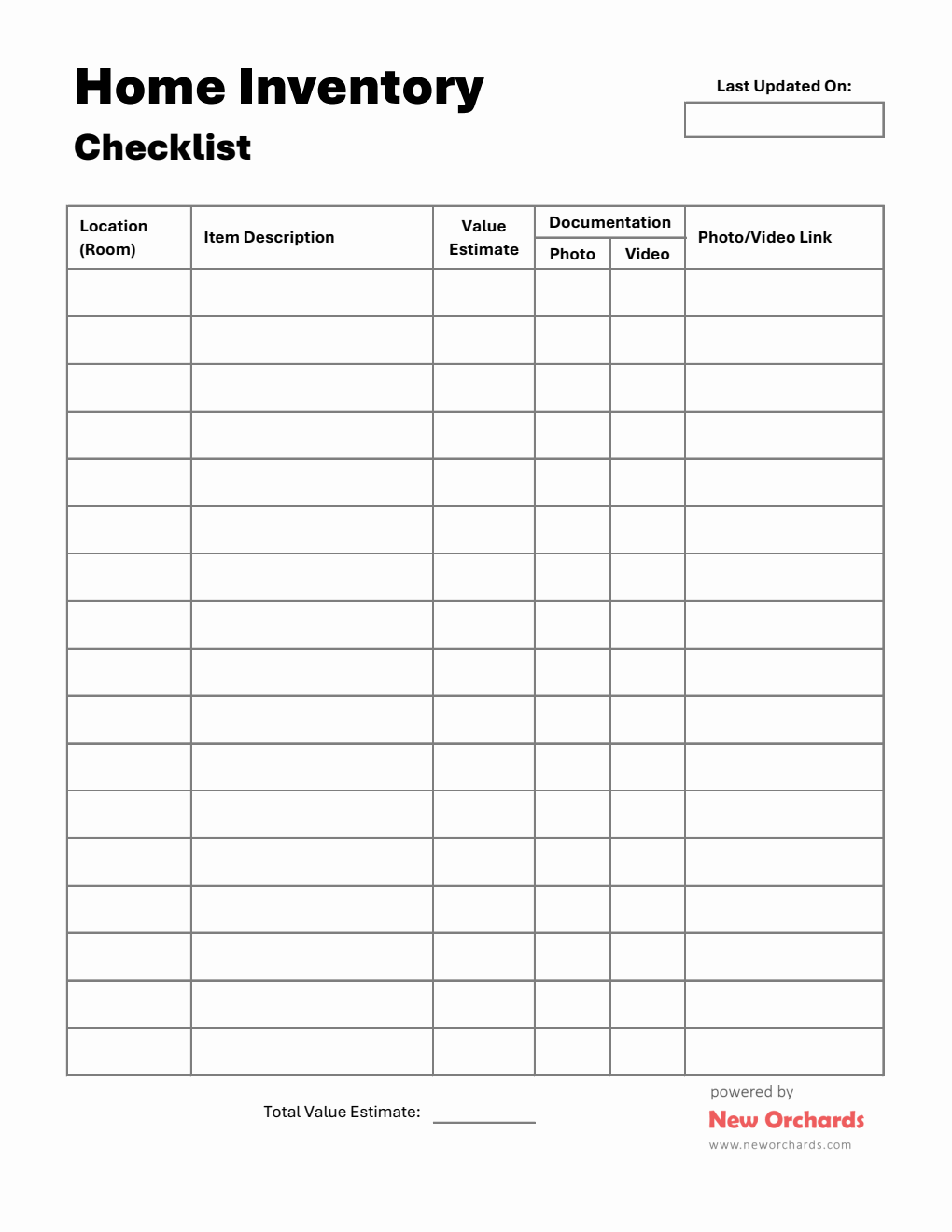 Excel Home Inventory Checklist | Free Printable Template